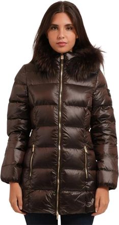 Yes-Zee YES Zee, Femme, Manteaux, Brun, Taille: 40 FR Veste matelass&eacute;e avec ceinture et capuche bord&eacute;e de fourrure