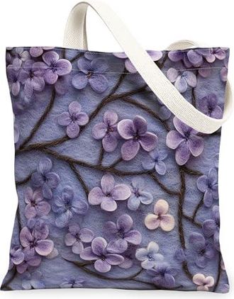 Generic Sac fourre-tout en toile avec fleurs lilas printani&egrave;res pour le shopping, 33 x 38 cm, style tricot&eacute;, sac d&eacute;picerie r&eacute;utilisable pour femme, sac d&eacute;pice