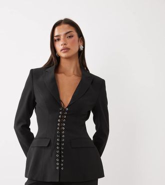 KAIIA exklusive Blazer-Kombination mit &Ouml;sendetail, Schn&uuml;rung und taillierter Taille in Schwarz
