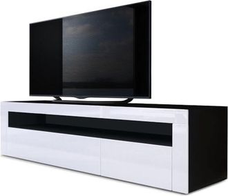 Vladon Buffet Bas Valencia, Meuble TV avec 1 Compartiment Ouvert et 2 clapets, Noir Mat/Blanc Haute Brillance/Blanc Haute Brillance (155 x 46 x 40 cm)