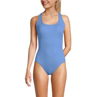 Lands End Komfort-Badeanzug mit gekreuzten Tr&auml;gern, hohes Bein, Damen, Gr&ouml;&szlig;e:46 regular, Blau, Nylon-Mischung, by Lands End