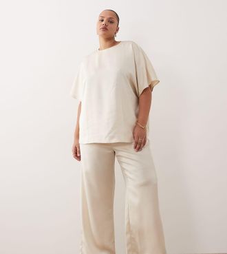 Pretty Lavish Curve Pantalon densemble ample en satin nou&eacute; &agrave; la taille - Hu&icirc;tre-Blanc