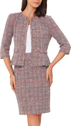 Allegra K Damen 2 St&uuml;ck Tweed Rock Set Anzugjacke Bleistiftrock Elegant Business Anz&uuml;ge f&uuml;r Frauen 2025, Rot/Ausflug, einfarbig (Getaway Solids), Mittel