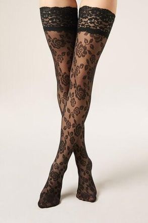 Calzedonia Transparente Halterlose Str&uuml;mpfe Mit Blumen Schwarz