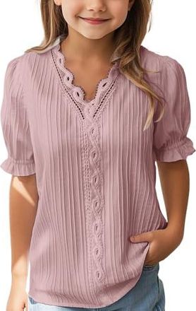 Generic Chemisier Chic Fille Manches Court - Haut Enfants Chic Et Elegant Tops Couleur Unie Chemise Col V Hauts avec Manches Shirt Respirant T-Shirt Soir&eacute;e Ch