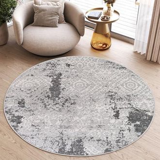 Tapiso Sky Rond Tapis Poils Courts Vintage Gris Crème Anthracite Ornamental Moucheté Tapis Salon Chambre Aspect 3D Oeko-TEX Résistant 120 x 120 cm