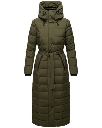 Navahoo Damen Wintermantel Warmer Steppmantel lang mit Kapuze und Taillengürtel Das Teil XIV Dark Olive Gr. 3XL