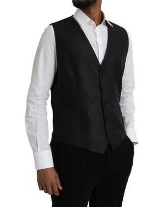 Dolce & Gabbana Mens Black Wool Waistcoat Dress Formal Vest Virgin Silk