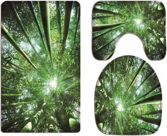 A.Monamour Badezimmer Badematte 3 Teilig Set Sonnenschein Durch Bambus Bäume Grün Wald Natur Landschaft Toilettendeckel Für Wc-Zubehör Flanell Saugfähig Badteppi
