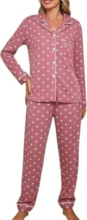 Minetom Ensembles de Pyjama Femme 2 Pi&egrave;ces Bouton V&ecirc;tements de Nuit Polka Dot Manches Longues Col V Chemise et Pantalon Style C 40