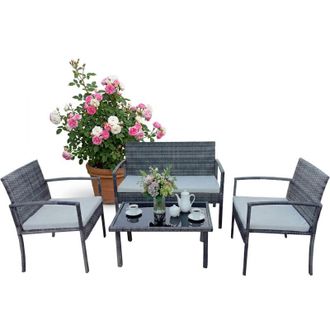 Relaxdays Relaxdays Mobilier jardin 4 pcs en rotin synth&eacute;tique, 4 places (banquette 2p+2 fauteuils), table verre, gris