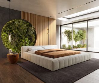 DELIFE Polsterbettgestell Espazio 180x200 cm Boucl&eacute; Creme-Wei&szlig; mit Stauraum, Polsterbetten