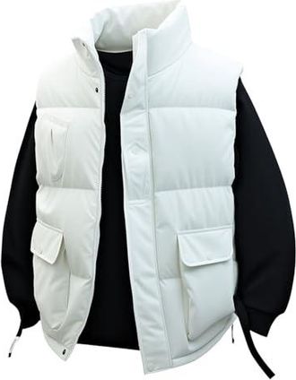 Generico Gilet rembourr&eacute; pour homme avec col haut, veste sans manches l&eacute;g&egrave;re en duvet chaud pour entra&icirc;nement, couleur simple et d&eacute;contract&eacute;e, blanc, M