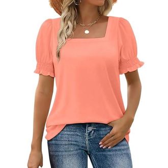 Generic T-shirt d&eacute;contract&eacute; &agrave; col carr&eacute; et manches smock&eacute;es pour femme, haut habill&eacute; et d&eacute;contract&eacute; &agrave; manches volant&eacute;es, rose, XXL