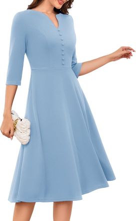 Dresstells Vintage Kleid Blau Elegant Cocktailkleid Damen Hochzeitgast 3/4 &Auml;rmeln Swing Festliche Ballkleid Midi Petticoat Abendkleid Langarm Blue M
