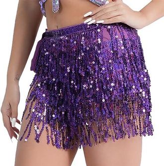 Generic Jupes de danse du ventre pour femme - Jupe &agrave; pompons &agrave; paillettes pour femme - Mini jupe-short &agrave; taille &eacute;lastique - Paillettes scintillantes - Pour sp