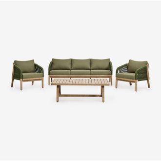 Sklum Gartenset mit 3-Sitzer-Sofa, 2 Sesseln und Couchtisch aus Akazienholz Dubai Milit&auml;rgr&uuml;n Rustikales Akazienbraun - Sklum