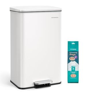 Songmics Poubelle de Cuisine 40L, Grand, Corbeille à Déchets à Pédale avec Couvercle, en Acier, Fermeture en Douceur, 15 Sacs Poubelle Inclus, Blanc LTB540W400