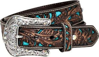 Ariat Ariat Womens Blue Inlay Floral Bling Belt, Brown, Extra Large