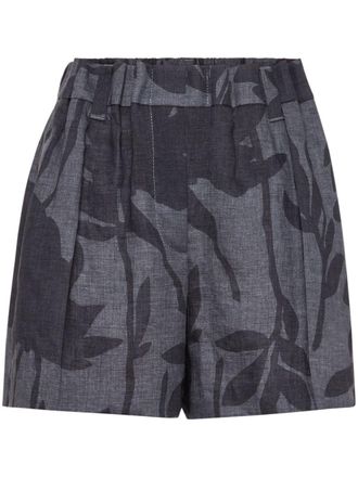 Brunello Cucinelli short court en lin &agrave; imprim&eacute; Ramage - Gris