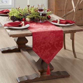 Elrene Home Fashions Poinsettia Elegance Jacquard Holiday Table Runner, 13 x 70, Red