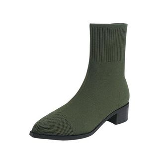 Generic Bottines courtes en tricot extensible pour femme - &Eacute;l&eacute;gantes - Couleur unie - Bout pointu - Respirantes - Talon &eacute;pais - Confortables - &Agrave; enfiler - Sty