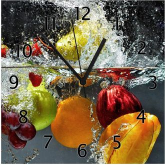 Wallario Design-Wanduhr Fr&uuml;chte im und unter Wasser - Splashing Fruits aus Glas, Motiv-Uhr Gr&ouml;&szlig;e 30 x 30 cm, Schwarze Zeiger