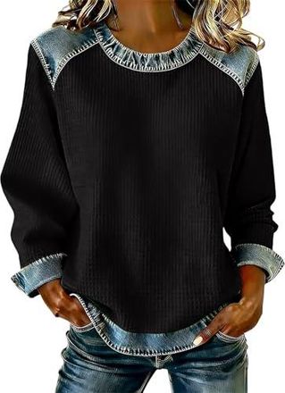Generic Sweat-shirt &agrave; manches longues et col en jean pour femme - Haut d&eacute;contract&eacute; l&eacute;ger &agrave; manches longues - Pull tunique, Noir, 5XL