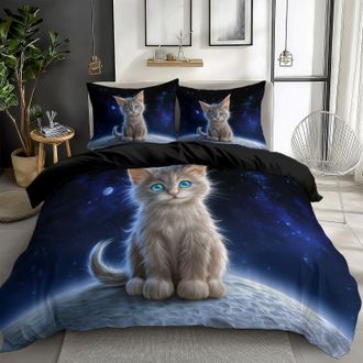 Generic Bedding Bettwäsche 155 x 220 cm Set - SchwarzCartoon Tierportrait Kätzchen Muster Leicht atmungsaktiv und farbecht Bettbezug mit Reißverschluss, Geeig