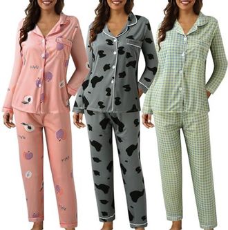 Generic Pyjama doux boutonn&eacute; pour femme, pyjama imprim&eacute; mignon avec haut &agrave; manches longues et pantalon &agrave; taille &eacute;lastique, v&ecirc;tement d&eacute;contract&eacute; pour la maison