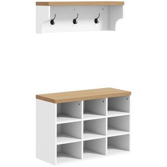 HOMCOM 2-in-1-Eingangsm&ouml;belset, Wandgarderobe Schuhbank, Garderobe, mit 3 Haken und 9 Nischen, f&uuml;r Wohnzimmer, Schlafzimmer, Flur, wei&szlig; und Eiche