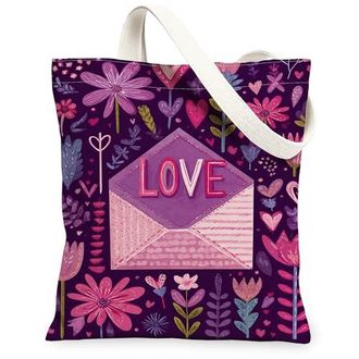 Generic Sacs fourre-tout en toile florale, motif lettre damour, sacs d&eacute;picerie r&eacute;utilisables, sacs d&eacute;picerie printaniers boh&egrave;mes, l&eacute;gers et lavables avec band