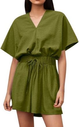 Generic Combinaison d&eacute;t&eacute; pour femme avec col en V et manches courtes - Taille smock&eacute;e - Jambe droite - Combinaison d&eacute;t&eacute; - Grenouill&egrave;re - Tenue de vacances de 