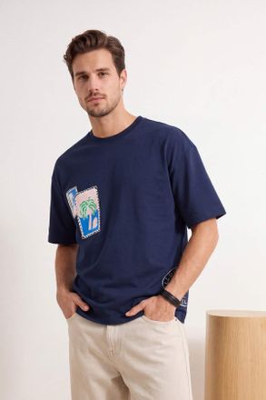 Trendyol MAN Herren Dunkelblau Tropisch Kurz Oversize T-Shirts