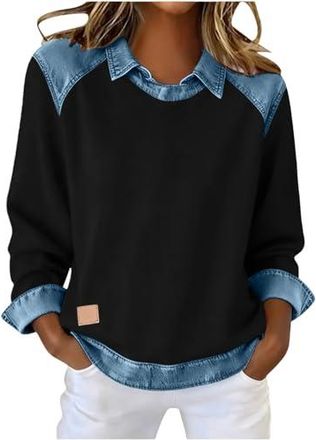 Generic Sweat-shirts en denim patchwork pour femme, col &agrave; revers boutonn&eacute;, chemise &agrave; manches longues, pull de No&euml;l d&eacute;contract&eacute;, Noir, L