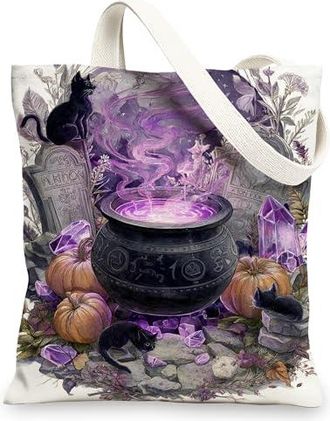 Generic Sacs fourre-tout mystiques en toile, motif chat enchanté, sacs de courses réutilisables, sacs fourre-tout sorcière vintage légers lavables pour Gy, no