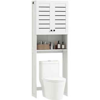 HOMCOM Meuble WC dessus de toilette/machine &agrave; laver - HOMCOM - avec placard &agrave; porte double, portes &agrave; persiennes - 67x31,5x190cm - blanc