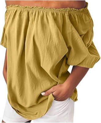 Generic T-shirt tendance en lin pour femme - &Eacute;paules d&eacute;nud&eacute;es - Manches courtes - Uni - Ample - En coton et lin - Avec volants - Grande taille - Tunique d&eacute;t&eacute; 