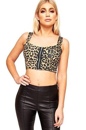 WearAll Bustier sans Manches avec Une Fermeture &eacute;clair sur lavant et imprim&eacute; l&eacute;opard - Hauts - Femmes - Brun - 40-42