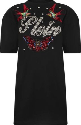 Philipp Plein Femme, Robes, Noir, Taille: 42 FR Open Back T-Shirt Dress Tattoo Strass