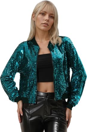 Allegra K Damen Glitzer Jacke Bomberjacke Pailletten Bomber Jacke Langarm Party Club Metallic Sequin Jacken Dunkelgr&uuml;n S