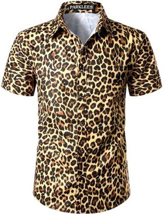 PARKLEES Chemise décontractée à manches courtes pour homme Imprimé léopard, doré, M