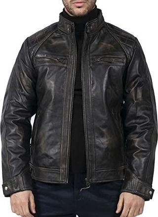 TruClothing Blouson pour Homme Style r&eacute;tro Biker Fermeture &eacute;clair Cuir v&eacute;ritable Doux - Noir-Marron 4XL