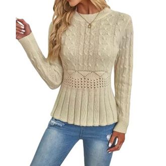 Generic Haut en tricot &eacute;pais &agrave; col rond et manches longues pour femme - Joli pull surdimensionn&eacute; gaufr&eacute; &agrave; manches longues et col rond, abricot, XXL