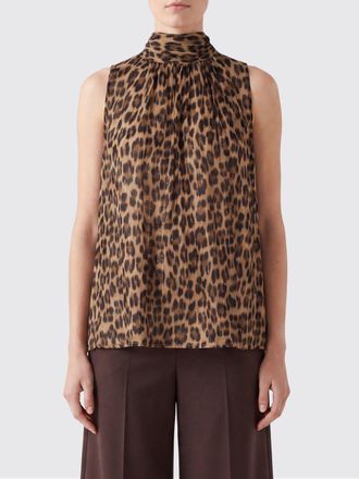 Semicouture Blouse sans manches en m&eacute;lange de soie &agrave; imprim&eacute; animalier avec col lavalli&egrave;re