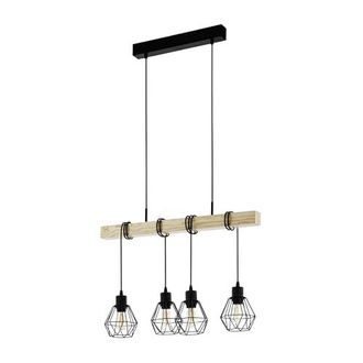 Eglo Pendellampe Townshend 5, 4 flammige Vintage Pendelleuchte im Industrial Design, Retro H&auml;ngelampe aus Stahl und Holz, Farbe Schwarz, braun, FSC zertifi