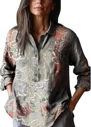 Generico Chemise Femme &Eacute;l&eacute;gant Manches Longues Chemises Coton Et Lin D&eacute;contract&eacute; grande taille Blouse Col en V Lumi&egrave;re T Shirt Vintage Fantaisie avec Boutons C