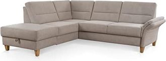 Cavadore Schlafsofa Wyk mit Federkern / Ecksofa im Landhaus-Stil mit Ottomane, Bett, Stauraum + Armteilfunktion / 238 x 90 x 213 / Jacquard, Beige