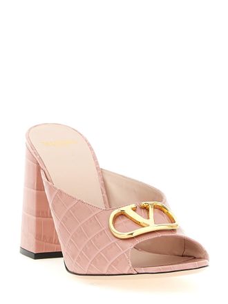 Valentino Garavani Womens Crocodile-Embossed Calfskin Mule Pink Leather Heels