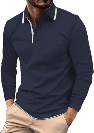 Generic Polo pour homme - Manches longues - T-shirt ray&eacute; - Chemise d&eacute;contract&eacute;e pour homme - Chemise de sport respirante pour homme, Marine, 3XL